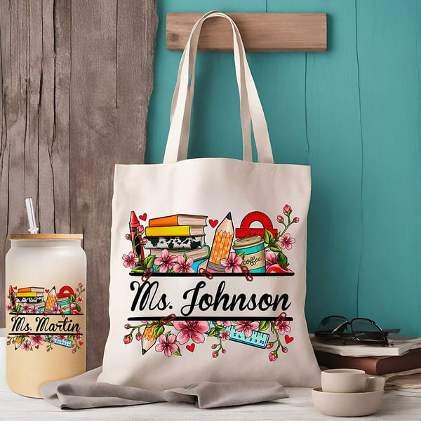 Personalized Books Ruler Pencil Flower Reusable Canvas Tote Bag with ...