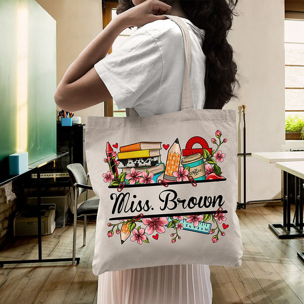 Personalized Books Ruler Pencil Flower Reusable Canvas Tote Bag with ...