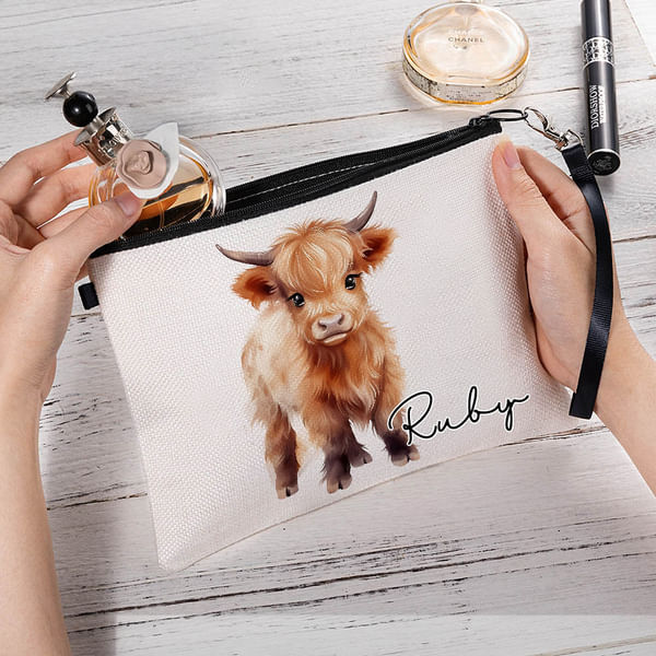 Personalized Floral Highland Cow Linen Wristlet Makeup Bag with Name ...