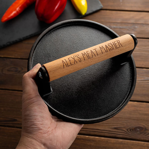 Personalized Iron Burger Weight Meat Press with Engraved Text Wooden ...