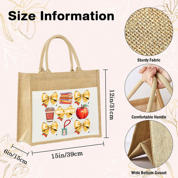 Personalized Coquette Bow Book Coffee Apple Large Jute Tote Bag with ...