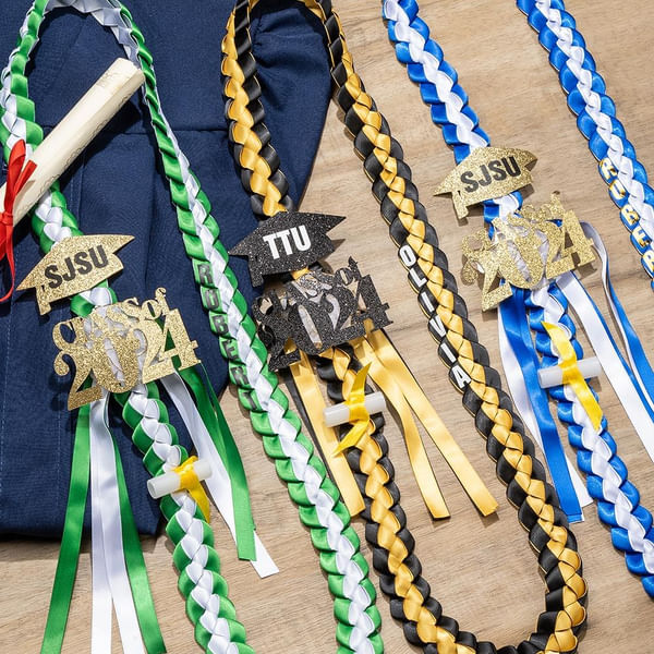 Personalized Two-colored Ribbon Braided Lei with Glitter Grad Cap Tag ...