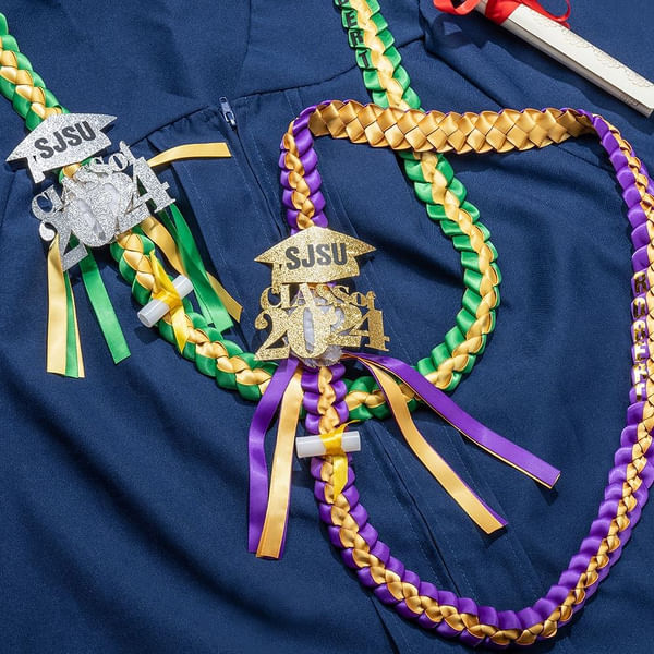 Personalized Two-colored Ribbon Braided Lei with Glitter Grad Cap Tag ...