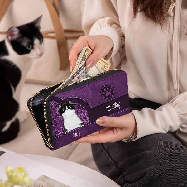 Personalized Retro Cartoon Cat Large Leather Hand Wallet with Name ...