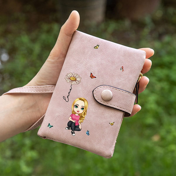 Personalized Cartoon Character Leather Wallet Birth Flower Tri-Folded ...