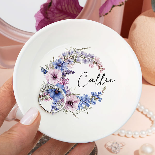 Personalized Birth Flower Ceramic Trinket Jewelry Dish with Name Desk ...