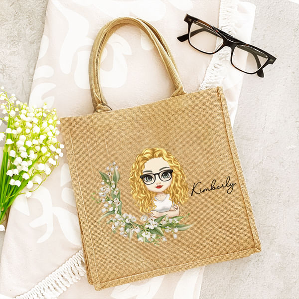 Personalised Birth Flower Cartoon Character Reusable Jute Tote Bag with ...