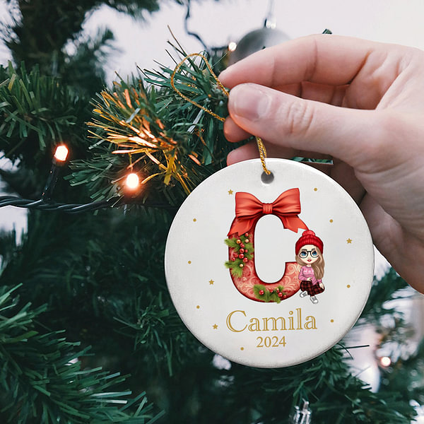 Personalized Holly Bow Initial Cartoon Ceramic Christmas Ornament with ...
