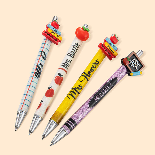 Personalized Apple Crayon Glitter Teacher Beaded Pen with Name Ball ...