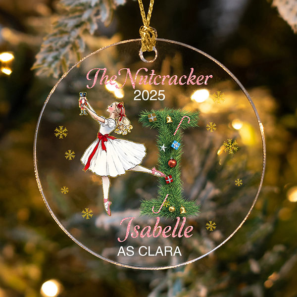 Personalised Nutcracker Clara Ballet Girl Faux Glitter Christmas Ornament with Initial Name Holiday Tree Decor Recital Gift for Ballerinas Dancers